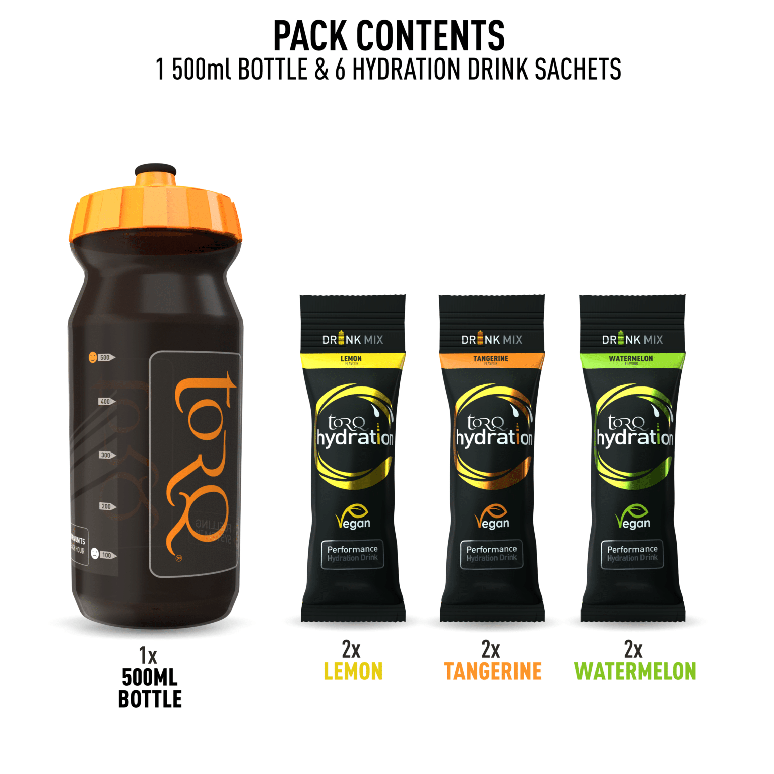 TORQ Hydration 500ml Bottle + 6 Hydration Drink Sachets - E-Power